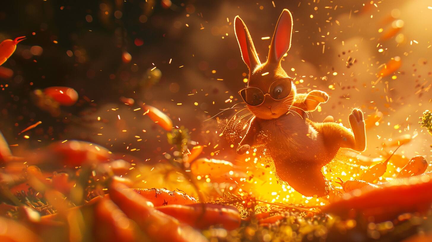 Rabbit Road oyununda neşeli bir tavşan havuç tarlasında koşuyor